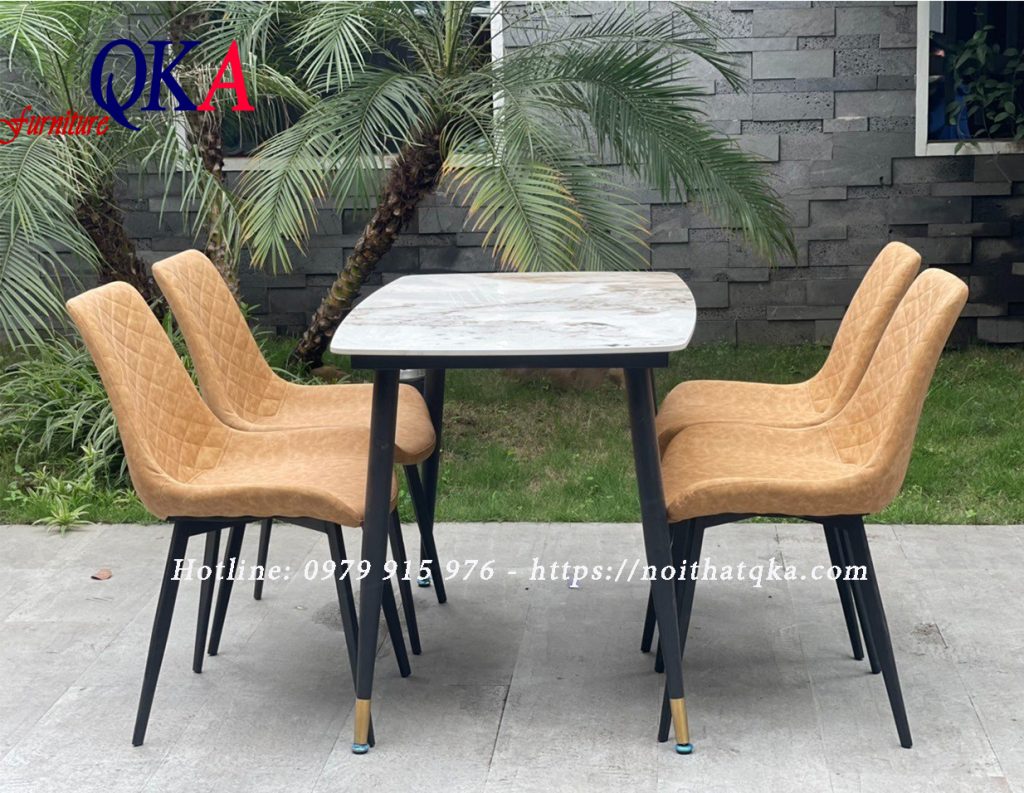 Bộ bàn ăn mặt đá Ceramic chân Neva – 4 ghế bọc da | Nội Thất QKA